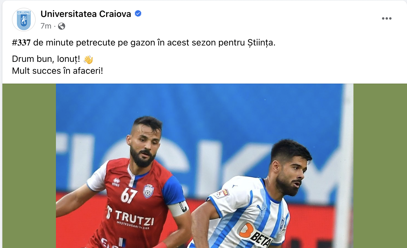 Derapaj al Universității Craiova la adresa lui Ionuț Vînă